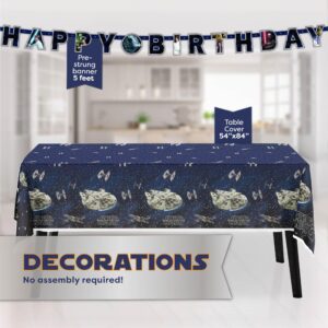 Classic Star Wars Party Supplies - Serves 16 - Birthday Table Cover, Banner Decoration, Large Dinner Plates, Small Cake Plates, Cups, Napkins, Candles, Button