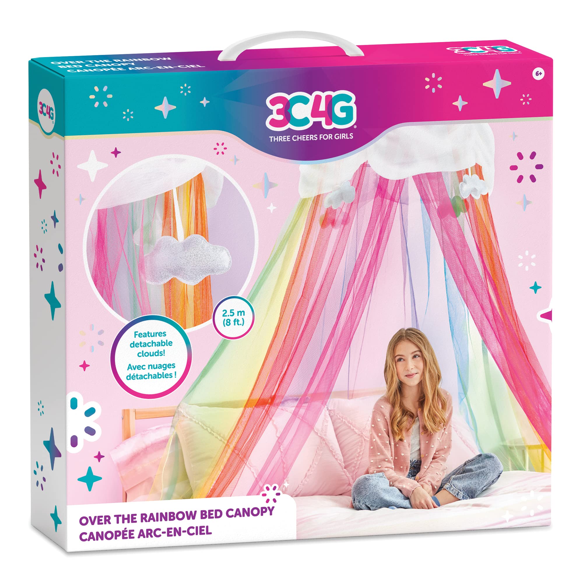 3C4G Three Cheers for Girls - Rainbow Bright Canopy - Rainbow Bed Canopy for Girls - Hanging Net Canopy for Beds, Chairs & Reading Corners - 8’ Height & 24’ Diameter Hoop - for Ages 6+