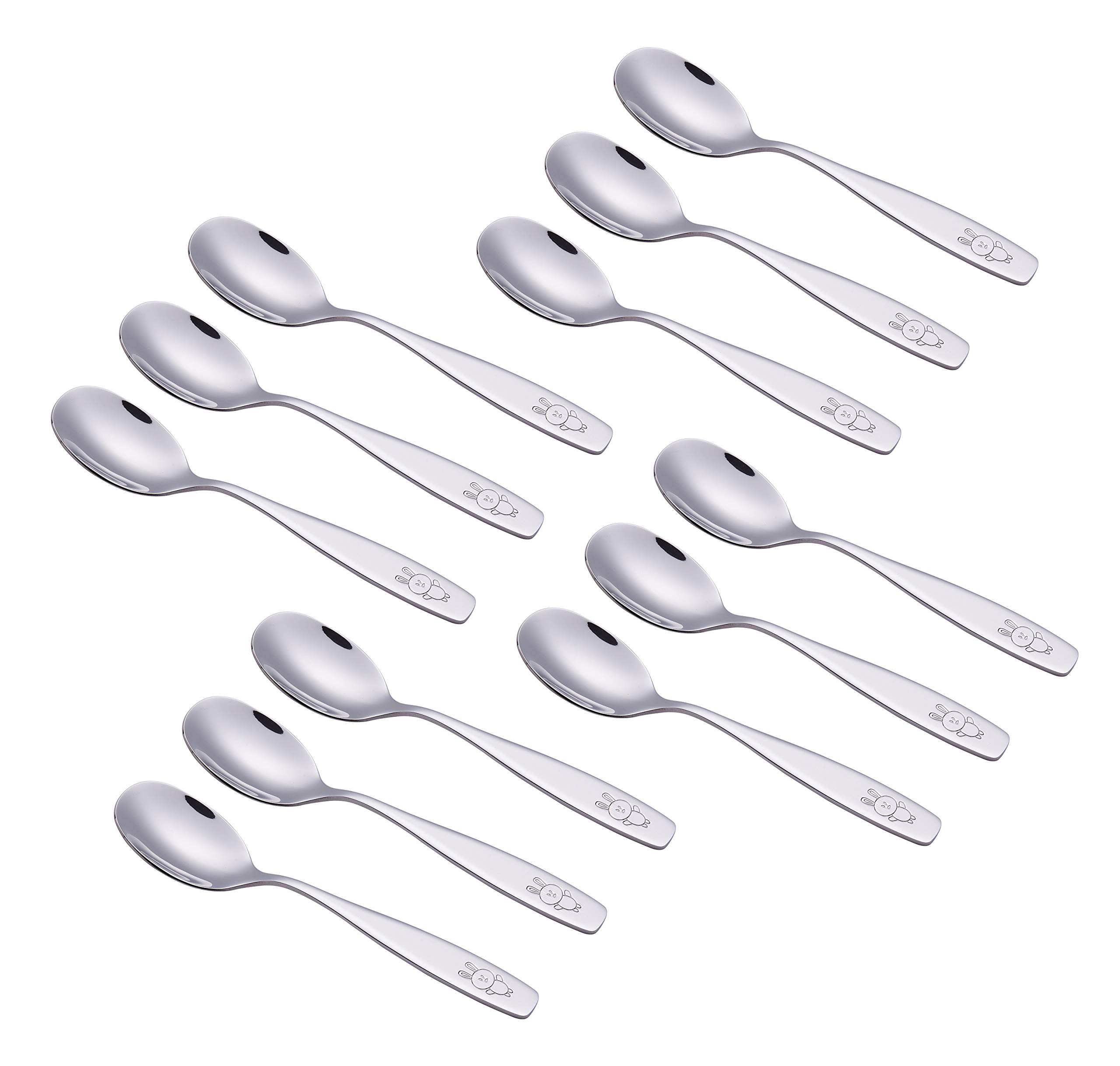 ANNOVA Kids Silverware Children's Safe Flatware Set Stainless Steel - 12 x Children Dinner Spoons, Toddler Utensils, Metal Cutlery Set for LunchBox (Engraved Dog Bunny) (Stainless Steel, 12 Spoons)