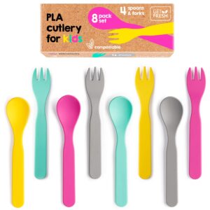 get fresh pla kids spoons and forks set – 8-pack melamine free utensils for kids & toddlers – biodegradable childrens cutlery spoons and forks – reusable microwave safe pla kids dinnerware