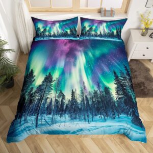 northern light comforter cover galaxy pine trees bedding set for boys girls starry sky aurora duvet cover room decor aurora theme bedspread cover green purple king size quilt cover 3pcs (no comforter)