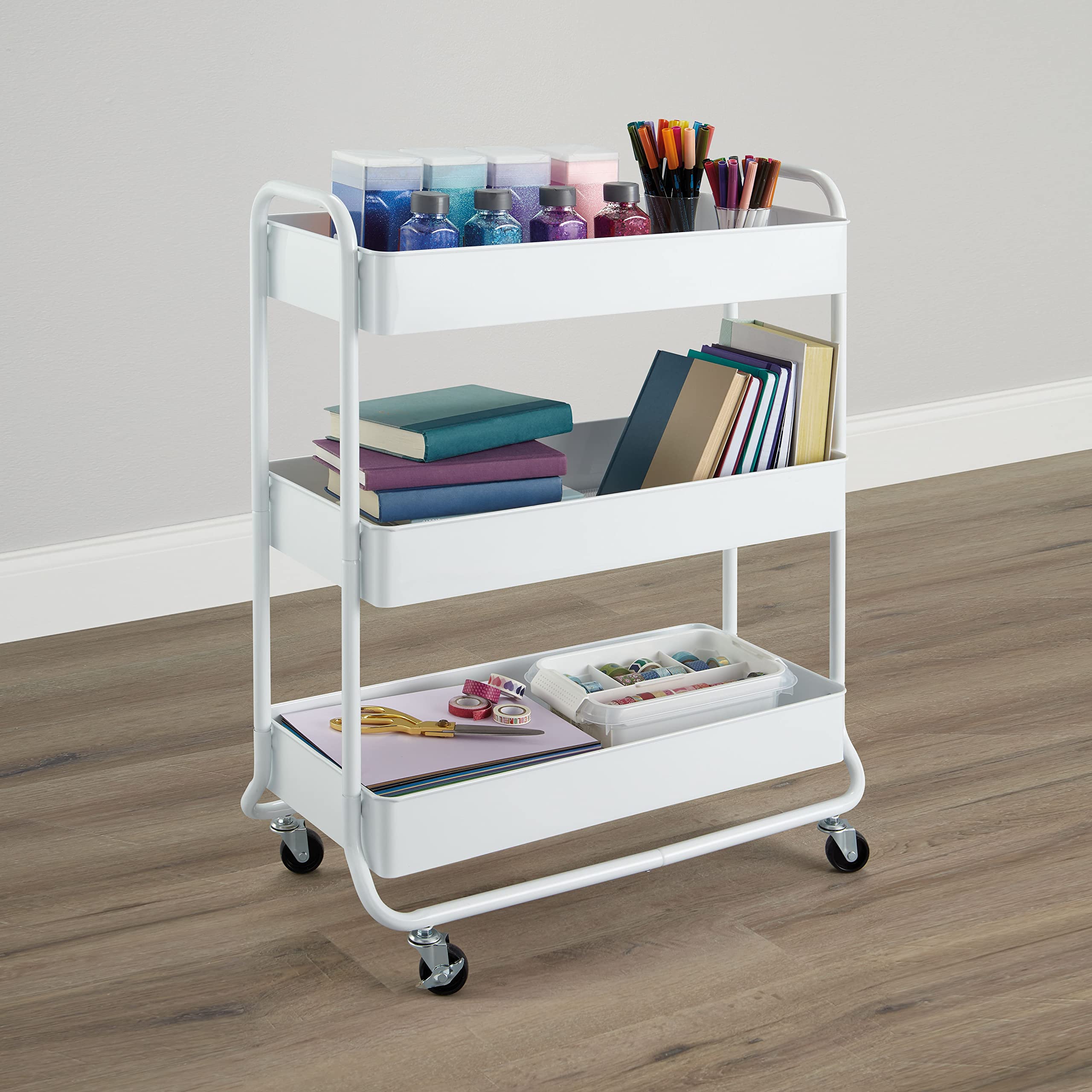 Hudson White 3-Tier Metal Rolling Cart by Simply Tidy - Multi-Functional Storage Cart for Home, Office, and Kitchen - 1 Pack