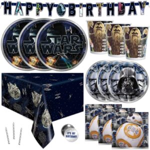 classic star wars party supplies - serves 16 - birthday table cover, banner decoration, large dinner plates, small cake plates, cups, napkins, candles, button