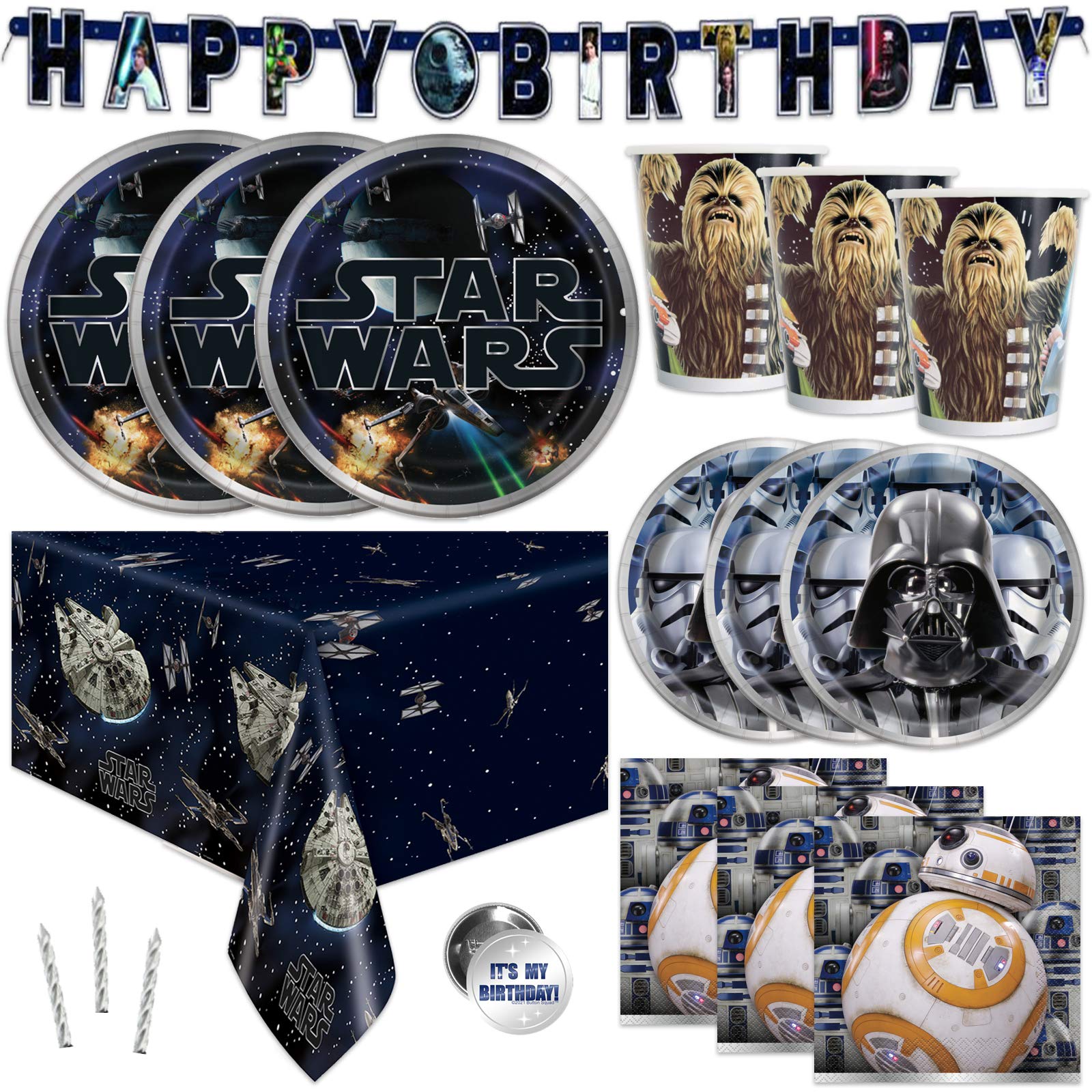 Classic Star Wars Party Supplies - Serves 16 - Birthday Table Cover, Banner Decoration, Large Dinner Plates, Small Cake Plates, Cups, Napkins, Candles, Button