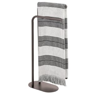 mdesign tall stainless freestanding towel rack holder - 2 tier minimalist pedestal hanger holders for kitchen and bathroom - racks for bath, hand, dish, and tea towels or washcloths - bronze