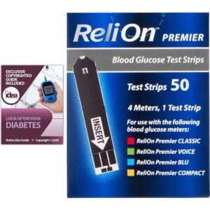 relion premier blood glucose test strips 50ct bundle with exclusive look after your diabetes - better idea guide (2 items)