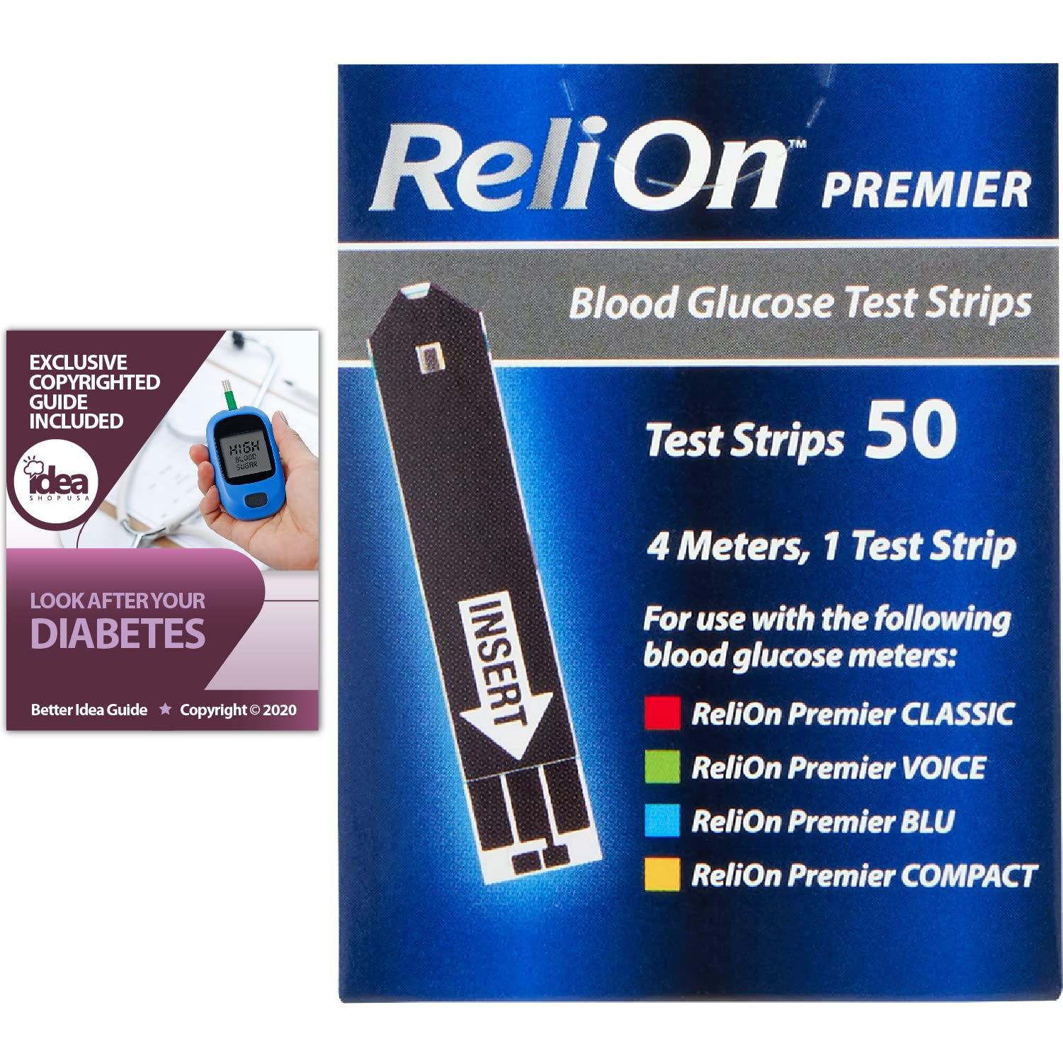 Relion Premier Blood Glucose Test Strips 50ct Bundle with Exclusive Look After Your Diabetes - Better Idea Guide (2 Items)