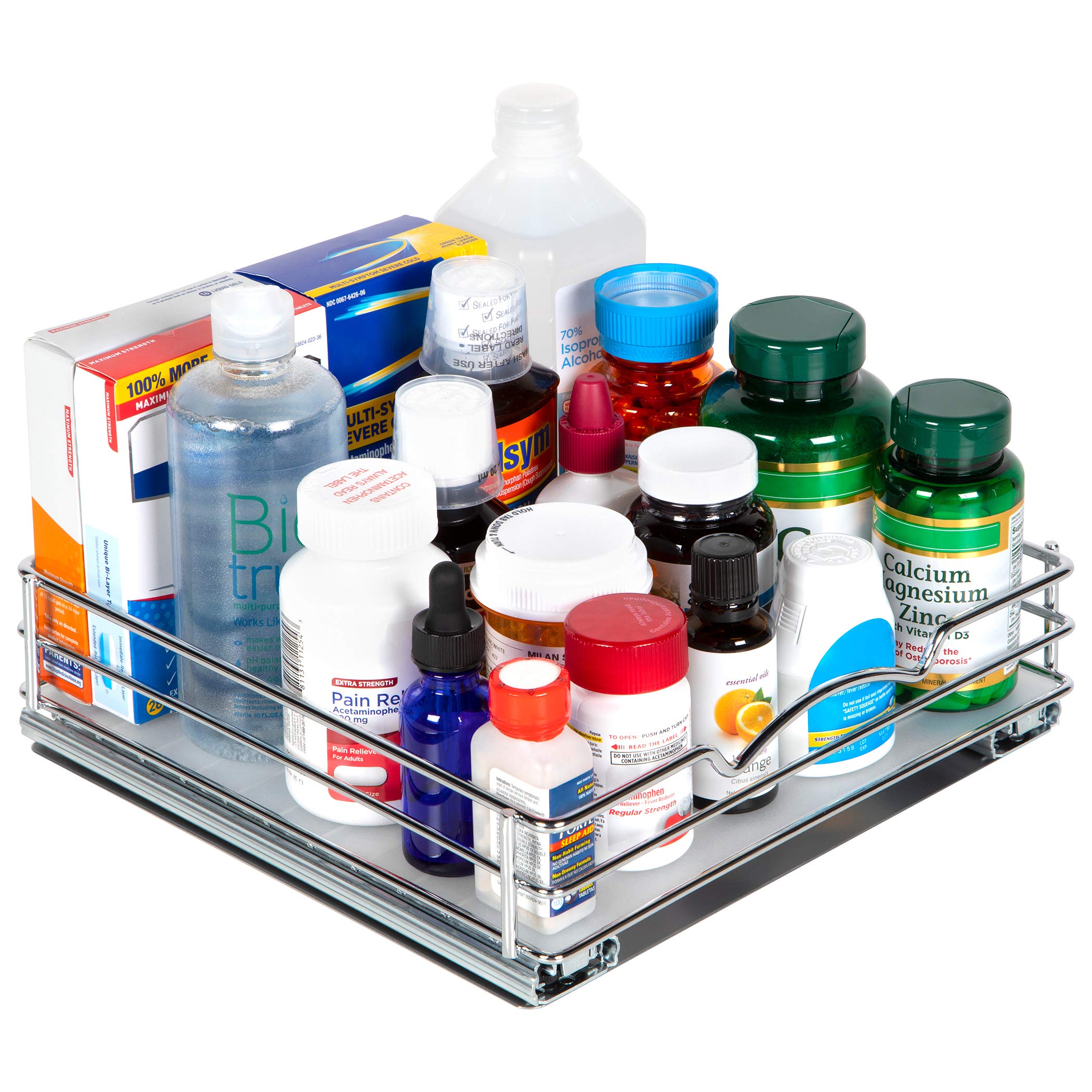 Pull Out Cabinet Organizer for Spices, Cans - Heavy Duty with Lifetime Limited Warranty- Pull Out Spice Rack- Cabinet Pull Out Shelf for Cans,Dishes, Etc, 10-3/8"Wx 10-3/8"D x 2-1/8 H, Chrome