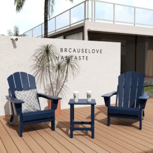 WO Home Furniture Adirondack Chairs Table Set of 3 PCS Outdoor Folding Chairs Side End Table Weather/UV Resistant for Lawn, Garden, Bon Fire, Balcony (Navy Blue)