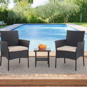 FDW Patio Furniture Sets,3 Pieces Outdoor Wicker Bistro Set Rattan Chair Conversation Sets with Coffee Table for Yard/Backyard Lawn Porch Poolside Balcony,Black