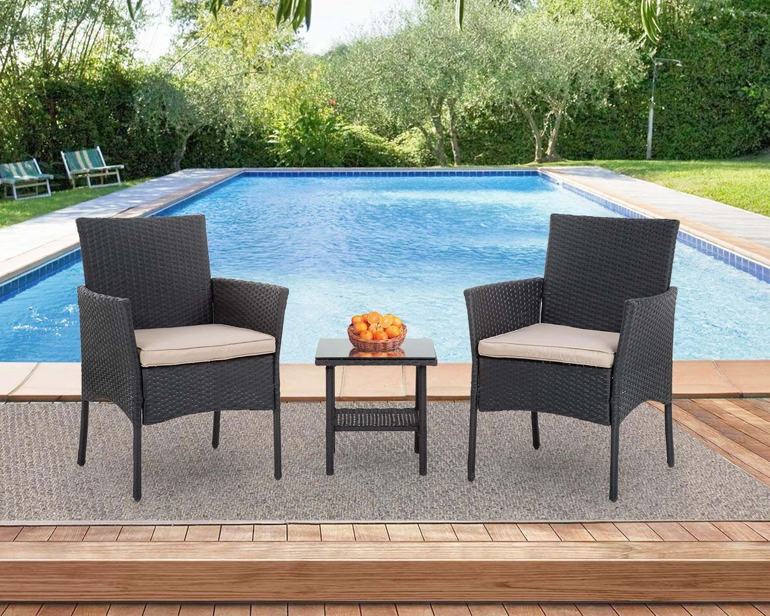 FDW Patio Furniture Sets,3 Pieces Outdoor Wicker Bistro Set Rattan Chair Conversation Sets with Coffee Table for Yard/Backyard Lawn Porch Poolside Balcony,Black