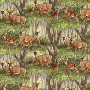 david textiles deer family deer in the woods scenic multicolor premium quality 100% cotton fabric by the yard.