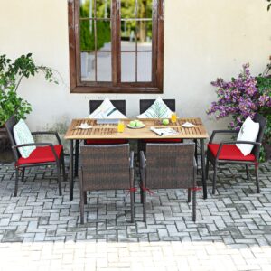 Tangkula 7 Pieces Patio Dining Set, Acacia Wood Wicker Dining Furniture Set with Sturdy Steel Frame & Umbrella Hole, Outdoor Dining Table Chair Set with Removable Cushions for Backyard, Garden