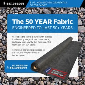 Sandbaggy Non Woven 8 oz Geotextile Landscape Fabric | Made in America | 50 Year Fabric | Industrial Grade Fabric | 205 Lbs of Tensile Strength | UV Protected | Approved by DOT (3 ft x 100 ft Roll)