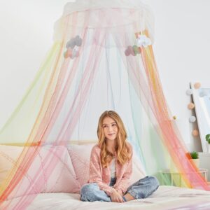 3c4g three cheers for girls - rainbow bright canopy - rainbow bed canopy for girls - hanging net canopy for beds, chairs & reading corners - 8’ height & 24’ diameter hoop - for ages 6+