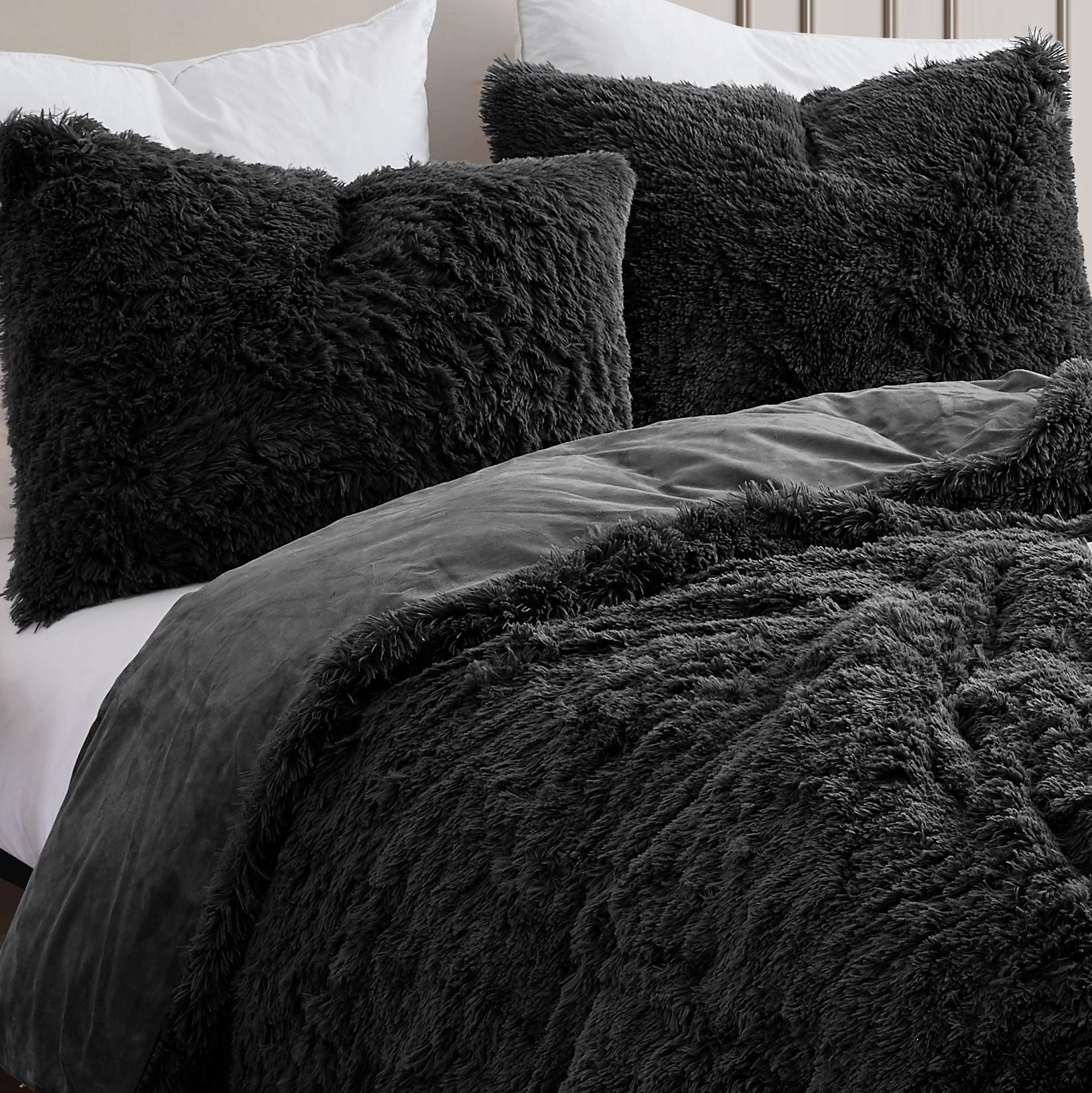 Sweet Home Collection Plush Shaggy Duvet Cover Set Ultra Soft Luxurious Faux Fur Decorative Fluffy Crystal Velvet Bedding with 2 Shams, King, Black(Pack of 1)