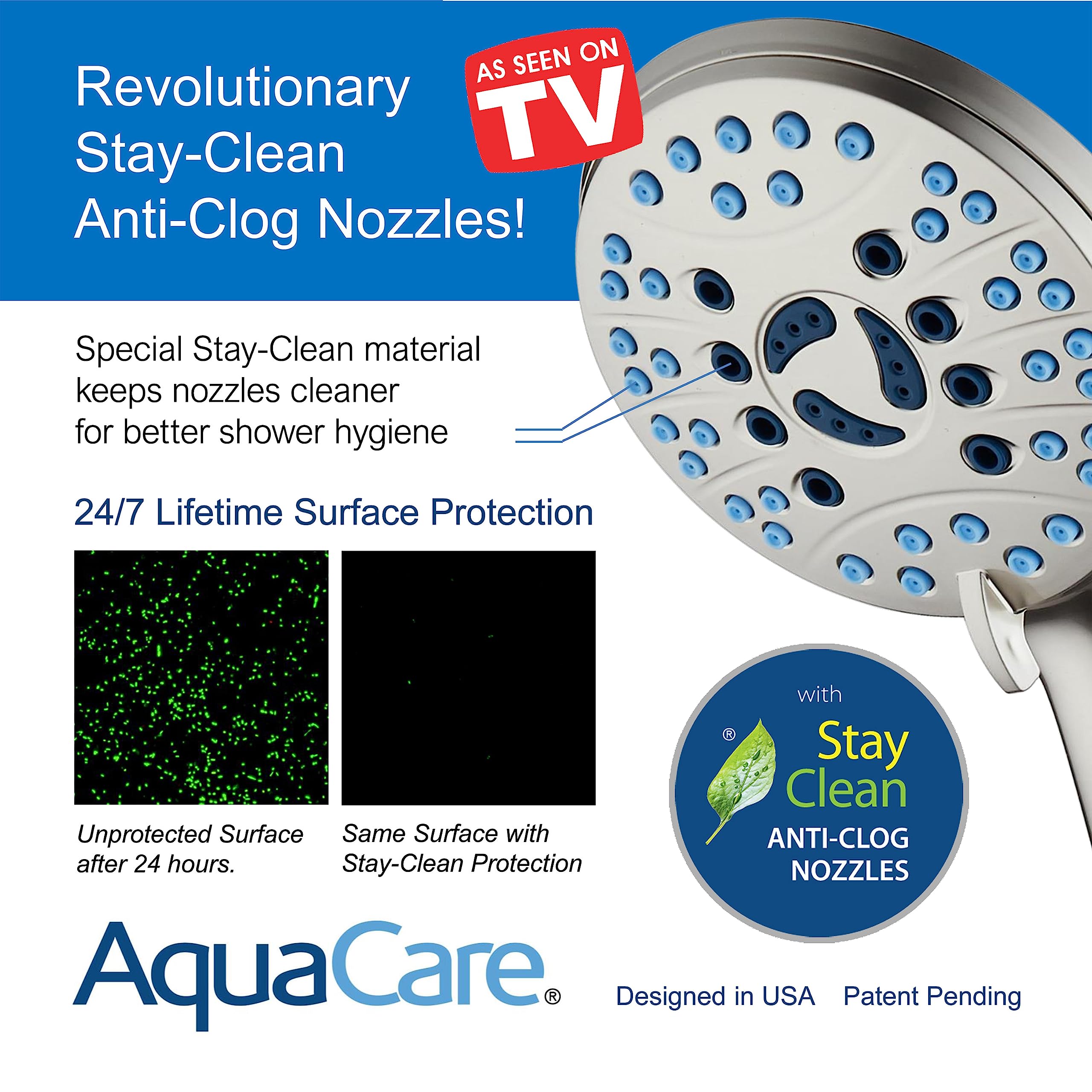 AquaCare High Pressure 8-mode Handheld Shower Head - Anti-clog Nozzles, Built-in Power Wash to Clean Tub, Tile & Pets, Extra Long 6 ft. Stainless Steel Hose, Wall & Overhead Brackets