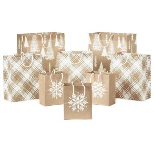 hallmark assorted christmas gift bags, recyclable kraft brown with snowflake, plaid and trees (8 bags: 3 small 6", 3 medium 9", 2 large 13") for holiday parties, hanukkah, winter weddings