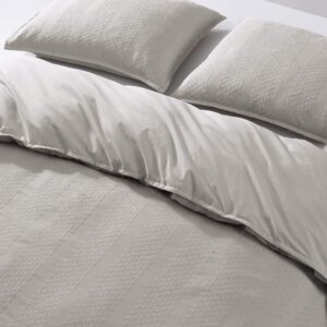 Brielle Home Billie Solid Garment Washed 100% Cotton Jacquard Stripe Duvet Cover Set, Linen, Full/Queen