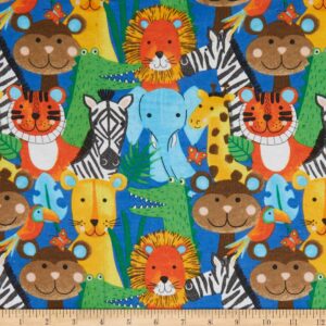 comfy packed jungle animals blue, fabric by the yard