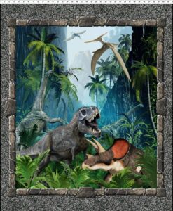 36.5" x 44" panel dinosaurs jurassic t-rex jungle ancient prehistoric animals cotton fabric panel (d678.80)