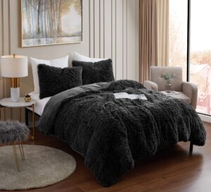 sweet home collection plush shaggy duvet cover set ultra soft luxurious faux fur decorative fluffy crystal velvet bedding with 2 shams, queen, black(pack of 1)