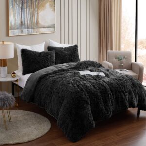 Sweet Home Collection Plush Shaggy Duvet Cover Set Ultra Soft Luxurious Faux Fur Decorative Fluffy Crystal Velvet Bedding with 2 Shams, King, Black(Pack of 1)