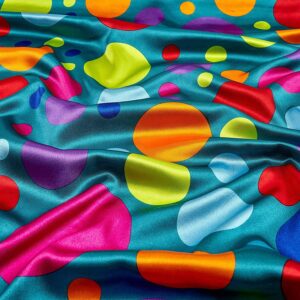 New Creations Fabric & Foam Inc, 60" Wide 100% Polyester Multi Color Polka Dot Soft Charmeuse Satin Fabric (Multi Color Dot on Teal, 3 Yards)