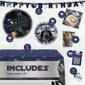 Classic Star Wars Party Supplies - Serves 16 - Birthday Table Cover, Banner Decoration, Large Dinner Plates, Small Cake Plates, Cups, Napkins, Candles, Button