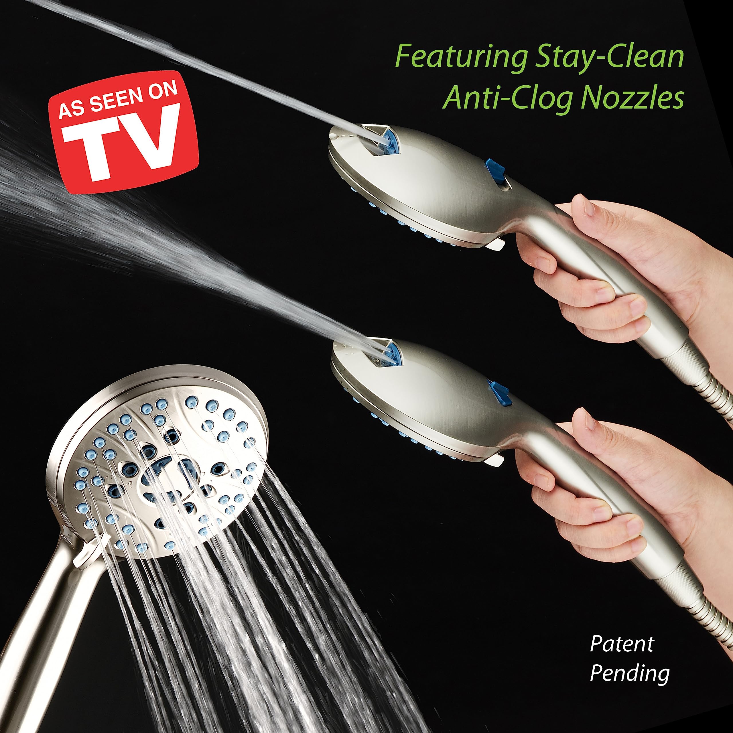 AquaCare High Pressure 8-mode Handheld Shower Head - Anti-clog Nozzles, Built-in Power Wash to Clean Tub, Tile & Pets, Extra Long 6 ft. Stainless Steel Hose, Wall & Overhead Brackets