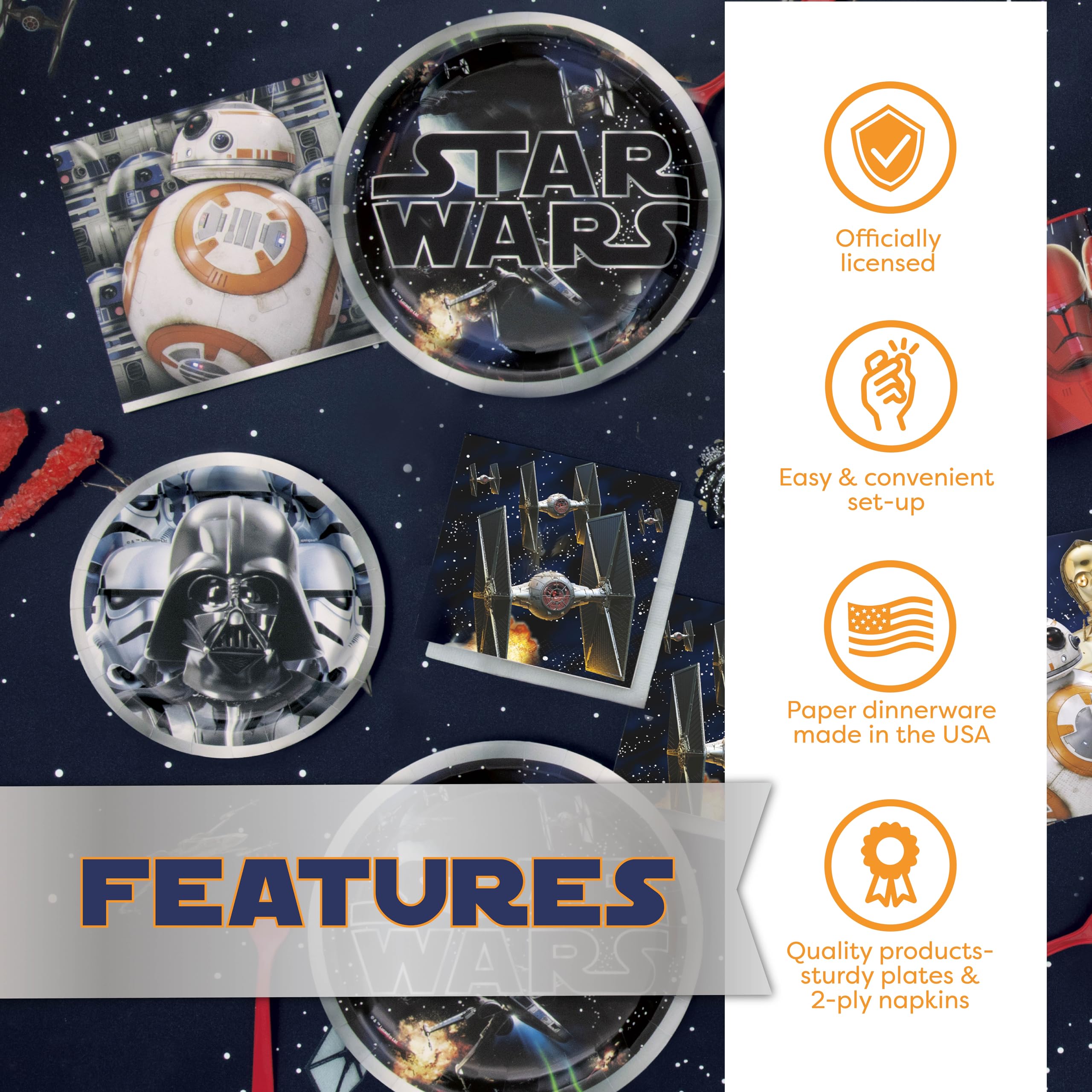 Classic Star Wars Party Supplies - Serves 16 - Birthday Table Cover, Banner Decoration, Large Dinner Plates, Small Cake Plates, Cups, Napkins, Candles, Button