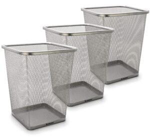 brookstone bkh1461, [3 pack] metallic mesh wastebasket for office & home, open top, under desk trash can, lightweight & sturdy recycling bin, standard, silver