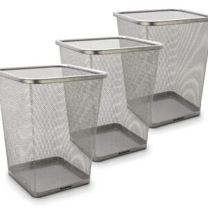 Brookstone BKH1461, [3 Pack] Metallic Mesh Wastebasket for Office & Home, Open Top, Under Desk Trash Can, Lightweight & Sturdy Recycling Bin, Standard, Silver