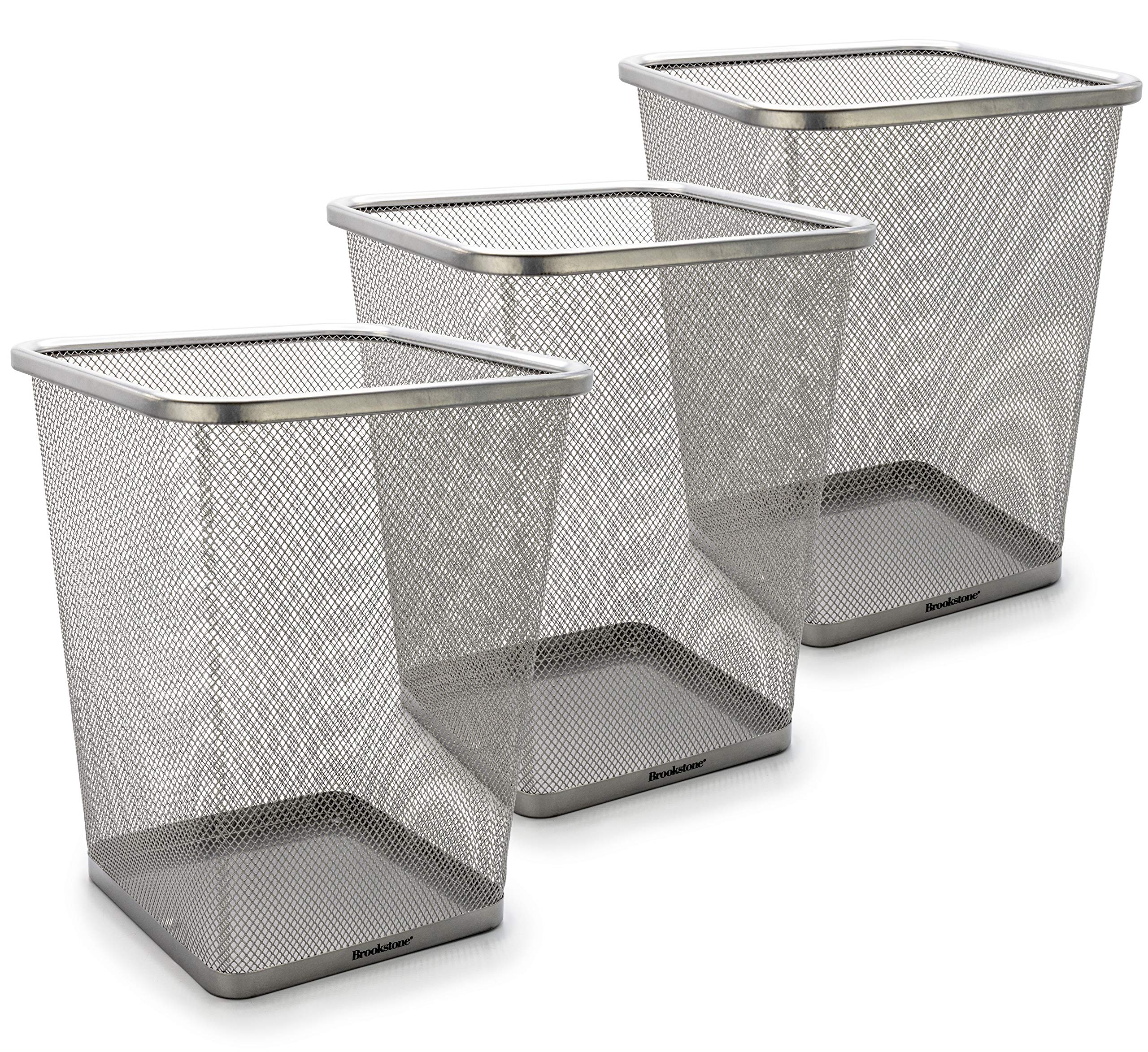 Brookstone BKH1461, [3 Pack] Metallic Mesh Wastebasket for Office & Home, Open Top, Under Desk Trash Can, Lightweight & Sturdy Recycling Bin, Standard, Silver