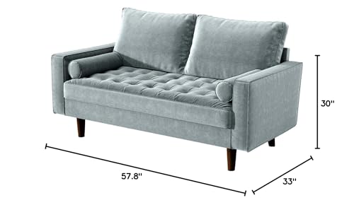 Container Furniture Direct Womble 58 Inch Velvet Loveseat Sofa with Elegant Button Tufted Upholstery, Square Arms, Splayed Wood Legs, Includes Matching Bolster Pillows, Steel Blue