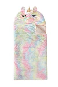 idea nuova heritage kids rainbow faux fur figural unicorn hooded sleeping bag, ages 3+,26"x46"