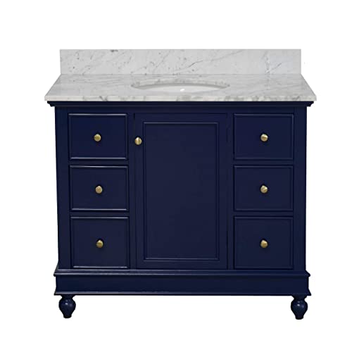 Bella 42-inch Bathroom Vanity (Carrara/Royal Blue): Includes Royal Blue Cabinet with Authentic Italian Carrara Marble Countertop and White Ceramic Sink