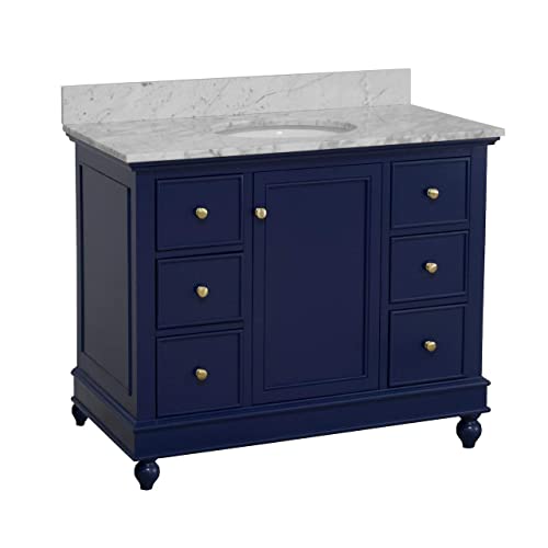 Bella 42-inch Bathroom Vanity (Carrara/Royal Blue): Includes Royal Blue Cabinet with Authentic Italian Carrara Marble Countertop and White Ceramic Sink