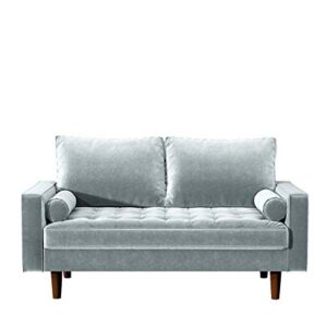 Container Furniture Direct Womble 58 Inch Velvet Loveseat Sofa with Elegant Button Tufted Upholstery, Square Arms, Splayed Wood Legs, Includes Matching Bolster Pillows, Steel Blue