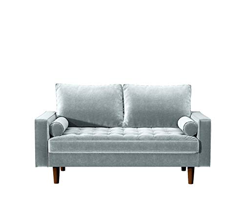 Container Furniture Direct Womble 58 Inch Velvet Loveseat Sofa with Elegant Button Tufted Upholstery, Square Arms, Splayed Wood Legs, Includes Matching Bolster Pillows, Steel Blue