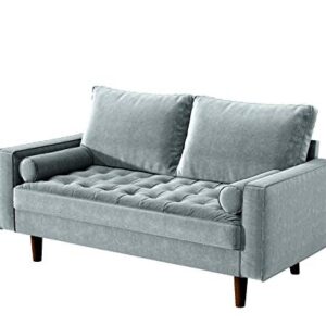 Container Furniture Direct Womble 58 Inch Velvet Loveseat Sofa with Elegant Button Tufted Upholstery, Square Arms, Splayed Wood Legs, Includes Matching Bolster Pillows, Steel Blue