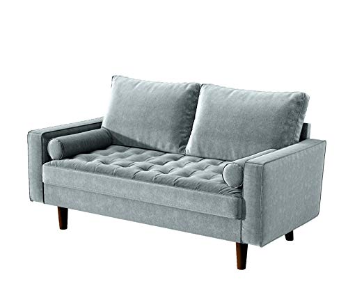 Container Furniture Direct Womble 58 Inch Velvet Loveseat Sofa with Elegant Button Tufted Upholstery, Square Arms, Splayed Wood Legs, Includes Matching Bolster Pillows, Steel Blue