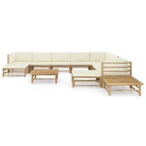 vidaXL 12-Piece Bamboo Patio Lounge Set with Cream-White Cushions - Outdoor Scotch Dhollander Style Front Deck Seating Arrangement - Durable and Stylish Outdoor Furniture