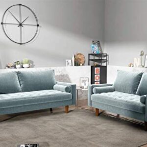 Container Furniture Direct Womble 58 Inch Velvet Loveseat Sofa with Elegant Button Tufted Upholstery, Square Arms, Splayed Wood Legs, Includes Matching Bolster Pillows, Steel Blue