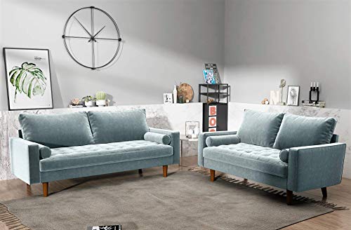 Container Furniture Direct Womble 58 Inch Velvet Loveseat Sofa with Elegant Button Tufted Upholstery, Square Arms, Splayed Wood Legs, Includes Matching Bolster Pillows, Steel Blue