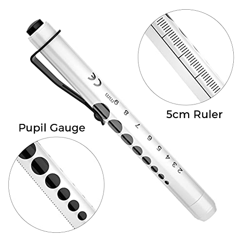 RISEMART Pen Lights for Nurses, 2 Pack Reusable Medical Light with Pupil Gauge and Ruler, White Light LED Penlight for Student Doctors EMT (Black/White)