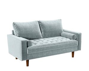 container furniture direct womble 58 inch velvet loveseat sofa with elegant button tufted upholstery, square arms, splayed wood legs, includes matching bolster pillows, steel blue