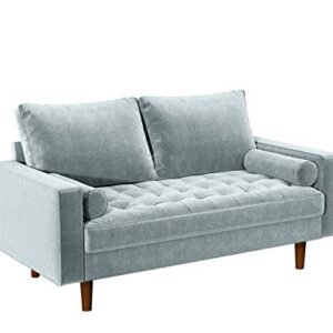 Container Furniture Direct Womble 58 Inch Velvet Loveseat Sofa with Elegant Button Tufted Upholstery, Square Arms, Splayed Wood Legs, Includes Matching Bolster Pillows, Steel Blue