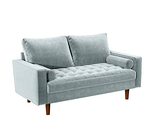 Container Furniture Direct Womble 58 Inch Velvet Loveseat Sofa with Elegant Button Tufted Upholstery, Square Arms, Splayed Wood Legs, Includes Matching Bolster Pillows, Steel Blue