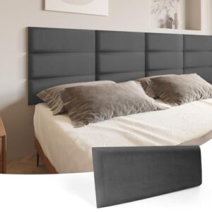 art3d peel and stick headboard for king, full and queen in velvet smoky gray, pack of 12 panels sized 9.84" x 23.62", soundproof wall panels 3d, upholstered wall panel